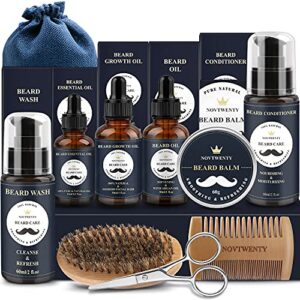 beard grooming kits, 10 in 1 beard growth kit with beard wash, beard oil and growth oil, beard conditioner, beard balm, beard brush, beard comb, beard scissors and storage bag, great gifts box for men