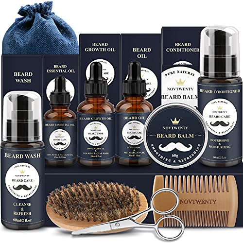 Beard Grooming Kits, 10 In 1 Beard Growth Kit with Beard Wash, Beard Oil and Growth Oil, Beard Conditioner, Beard Balm, Beard Brush, Beard Comb, Beard Scissors and Storage Bag, Great Gifts Box for Men