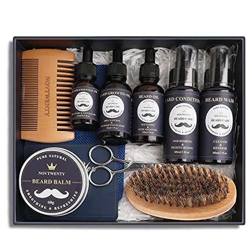 Beard Grooming Kits, 10 In 1 Beard Growth Kit with Beard Wash, Beard Oil and Growth Oil, Beard Conditioner, Beard Balm, Beard Brush, Beard Comb, Beard Scissors and Storage Bag, Great Gifts Box for Men