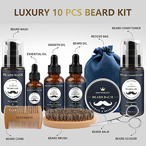 Beard Grooming Kits, 10 In 1 Beard Growth Kit with Beard Wash, Beard Oil and Growth Oil, Beard Conditioner, Beard Balm, Beard Brush, Beard Comb, Beard Scissors and Storage Bag, Great Gifts Box for Men