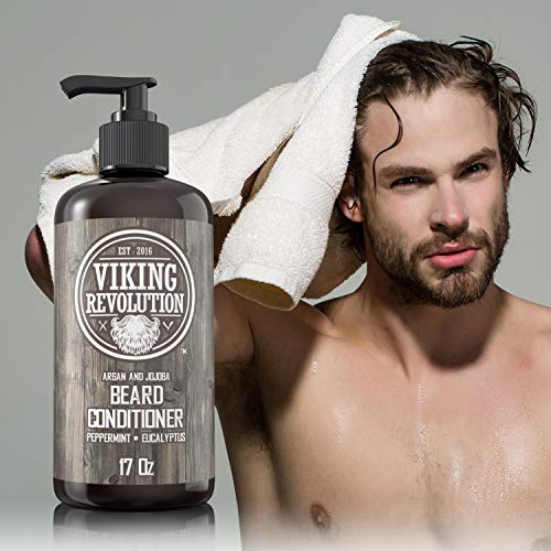 Viking Revolution Beard Conditioner w/Argan & Jojoba Oils - Softens & Strengthens - Natural Peppermint and Eucalyptus Scent- Beard Conditioner w/Beard Oil (17oz Conditioner)