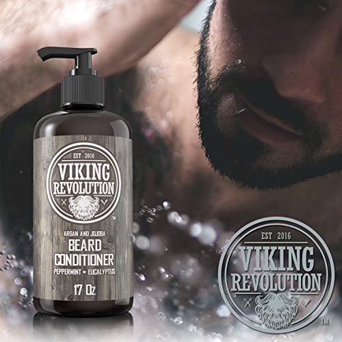 Viking Revolution Beard Conditioner w/Argan & Jojoba Oils - Softens & Strengthens - Natural Peppermint and Eucalyptus Scent- Beard Conditioner w/Beard Oil (17oz Conditioner)