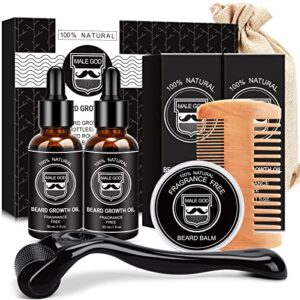 beard growth kit – derma roller for beard growth, beard growth oil(2 pack), beard roller, beard balm, beard comb, beard growth products for patchy beard – christmas gifts for men husband boyfriend dad