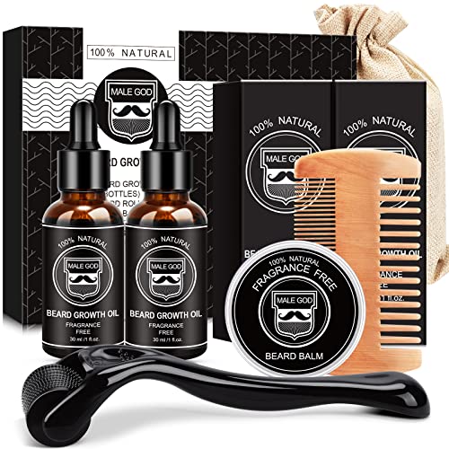 Beard Growth Kit - Derma Roller for Beard Growth, Beard Growth Oil(2 Pack), Beard Roller, Beard Balm, Beard Comb, Beard Growth Products for Patchy Beard - Christmas Gifts for Men Husband Boyfriend Dad