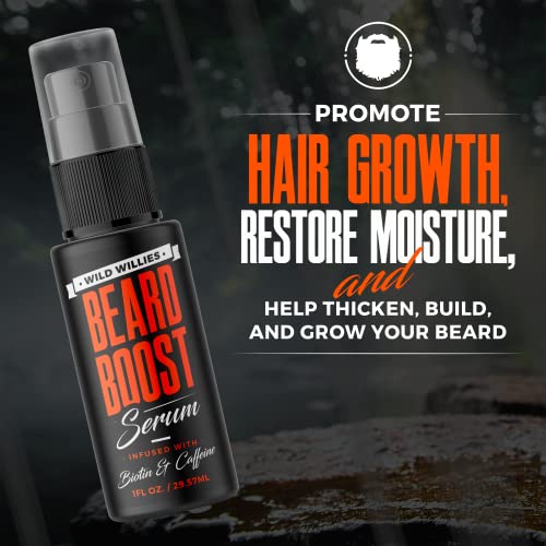 Beard Growth Serum with Biotin & Caffeine by Wild Willies - Natural Beard Care for Thicker, Fuller Healthier Beard - Mens Facial Hair Treatment for Grooming - Increases Thickness and Volume