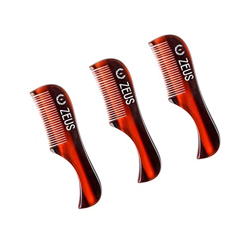 ZEUS 3-Pack Handmade Saw-Cut Mustache Comb, Fined Toothed, Durable Cellulose, Hand Polished, Pocket Comb & Beard Comb for Mustache and Beard - Traditional