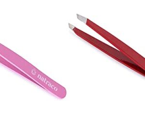 Stainless Steel Slant Precision Tweezers – Professional Tweezers for Eyebrows & Hair Removal – Pink & Red (Pack of 2)