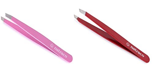 Stainless Steel Slant Precision Tweezers – Professional Tweezers for Eyebrows & Hair Removal – Pink & Red (Pack of 2)