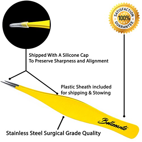 Precision Surgical Grade Tweezers - Best Stainless Steel Sharp Professional Tweezers for Ingrown Hair Extraction, Eyebrow, Face and Body Grooming, Hobby, Splinter, Tick -Needle Nose- By Bellesante