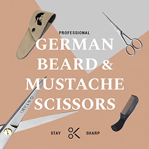 ONTAKI 2 Scissors Pack - 1 Japanese Steel Mustache Scissors Barber Salon Beard Scissor - 1 ONTAKI Professional German Steel Beard & Mustache Barber Scissors With Comb - Perfect Trimming Scissors