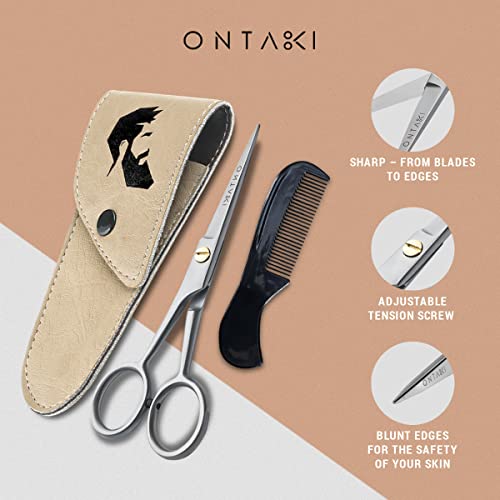 ONTAKI 2 Scissors Pack - 1 Japanese Steel Mustache Scissors Barber Salon Beard Scissor - 1 ONTAKI Professional German Steel Beard & Mustache Barber Scissors With Comb - Perfect Trimming Scissors