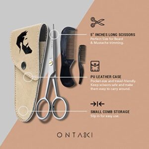 ONTAKI 2 Scissors Pack - 1 Japanese Steel Mustache Scissors Barber Salon Beard Scissor - 1 ONTAKI Professional German Steel Beard & Mustache Barber Scissors With Comb - Perfect Trimming Scissors