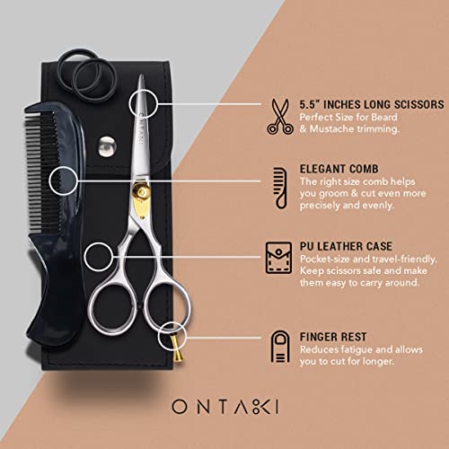 ONTAKI 2 Scissors Pack - 1 Japanese Steel Mustache Scissors Barber Salon Beard Scissor - 1 ONTAKI Professional German Steel Beard & Mustache Barber Scissors With Comb - Perfect Trimming Scissors