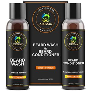 beard wash & beard conditioner natural beard softener set w/argan & jojoba oils smooths & strengthens beard growth christmas stocking stuffers father day gifts for men him dad boyfriend husband (sweet orange)