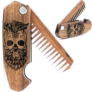 beard comb for men pocket folding combs for mustache & hair travel natural wooden comb with real man engraving – perfect for use w/beard balm oil (skull)