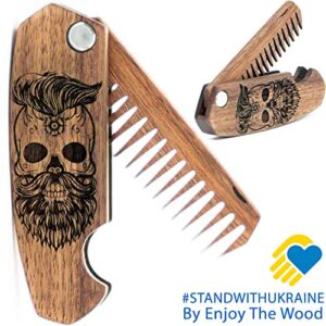 Beard Comb for Men Pocket Folding Combs for Mustache & Hair Travel Natural Wooden Comb with Real Man Engraving - Perfect for Use w/Beard Balm Oil (Skull)