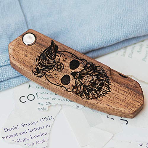 Beard Comb for Men Pocket Folding Combs for Mustache & Hair Travel Natural Wooden Comb with Real Man Engraving - Perfect for Use w/Beard Balm Oil (Skull)