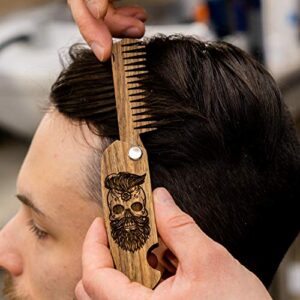 Beard Comb for Men Pocket Folding Combs for Mustache & Hair Travel Natural Wooden Comb with Real Man Engraving - Perfect for Use w/Beard Balm Oil (Skull)