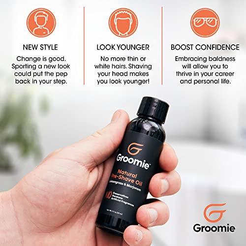 GROOMIE Natural Pre-Shave Oil for Bald Headed Men and Women | Specially Formulated Plant Based Recipe with Milk Thistle Seed, Essential Oils, Antioxidants, and Vitamin E | Promotes Close Shave