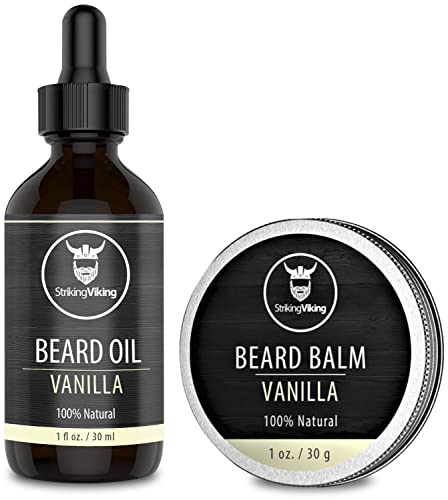 Striking Viking Beard Oil and Balm - Leave in Beard Conditioner - Tames, Styles, Softens, and Moisturizes Beards and Mustache - Made with All Natural and Organic Argan and Jojobo Oils, Vanilla