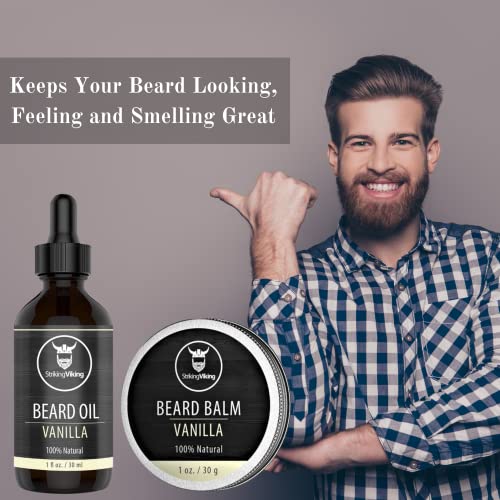 Striking Viking Beard Oil and Balm - Leave in Beard Conditioner - Tames, Styles, Softens, and Moisturizes Beards and Mustache - Made with All Natural and Organic Argan and Jojobo Oils, Vanilla