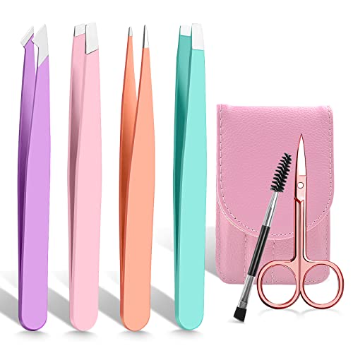 AMMON Professional Tweezer 6 Pcs Set Stainless Steel Tweezers for Eyebrows Tweezers for Woman Precision with Travel Case for Ingrown and fine Hair Removal Splinter Blackhead Remover（colorful）