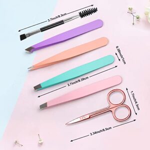 AMMON Professional Tweezer 6 Pcs Set Stainless Steel Tweezers for Eyebrows Tweezers for Woman Precision with Travel Case for Ingrown and fine Hair Removal Splinter Blackhead Remover（colorful）