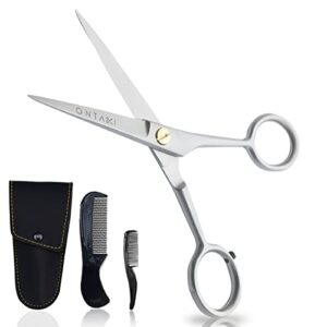 ontaki 5″ professional german steel beard & mustache barber scissors – 2 comb & carrying pouch – hand forged with bevel edge for men – men’s facial hair grooming kit body or facial hair (silver)