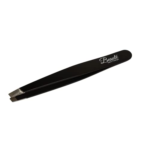 Beauté Sans Temps Beauté Sans Temp Professional Slant Tip Eyebrow Tweezers – Precision Stainless Steel Splinter Removal - Excellent Grip for Plucking Ingrown Facial Hair for Women Men Black