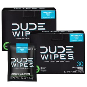 dude wipes on-the-go flushable wet wipes – 2 pack, 60 wipes – unscented extra-large individually wrapped wipes with vitamin e & aloe – septic and sewer safe