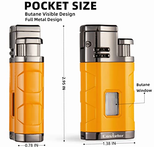 Castelar Torch Lighter Triple Jet Flame Refillable Butane Lighter with Punch Rest Holder - Butane Not Included (Yellow)