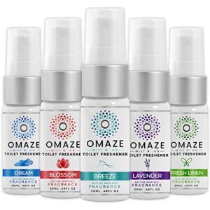 omaze mist n go refresh toilet spray – bathroom spray odor eliminator – toilet smell eliminator deodorizer – bathroom smell good spray women men odor neutralizer spray fresheners – breeze + dream + lavender + fresh linen + blossom 0.68oz x5