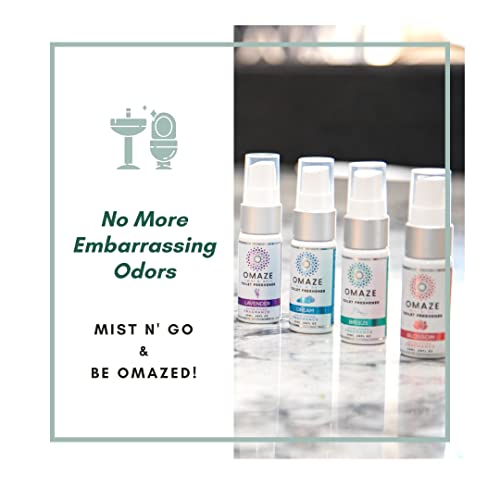 OMAZE Mist N Go Refresh Toilet Spray - Bathroom Spray Odor Eliminator - Toilet Smell Eliminator Deodorizer - Bathroom Smell Good Spray Women Men Odor Neutralizer Spray Fresheners - Breeze + Dream + Lavender + Fresh Linen + Blossom 0.68oz x5