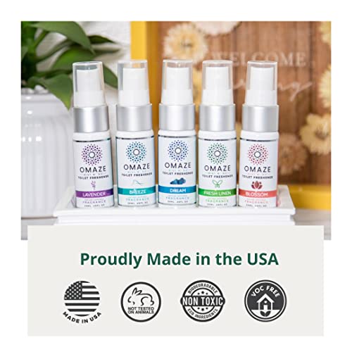 OMAZE Mist N Go Refresh Toilet Spray - Bathroom Spray Odor Eliminator - Toilet Smell Eliminator Deodorizer - Bathroom Smell Good Spray Women Men Odor Neutralizer Spray Fresheners - Breeze + Dream + Lavender + Fresh Linen + Blossom 0.68oz x5