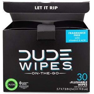 DUDE Wipes On-The-Go Flushable Wet Wipes - 1 Pack, 30 Wipes - Unscented Extra-Large Individually Wrapped Wipes with Vitamin E & Aloe - Septic and Sewer Safe