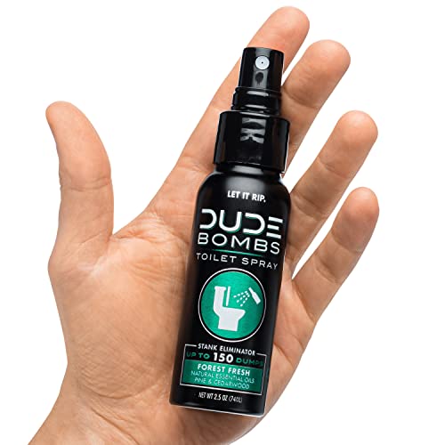 DUDE Bombs Toilet Spray - 2.5 oz Spray Bottle – Forest Fresh Toilet Spray with Pine and Cedarwood Essential Oils - Stank Eliminator Up to 150 Dumps