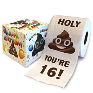 Printed TP Holy Poop You're 16 Printed Toilet Paper Gag Gift – Funny Toilet Paper For Prank, Surprise, Bathroom Decor, Novelty Gift For Men, Women, Friends, Family, 16th Birthday Party - 500 Sheets