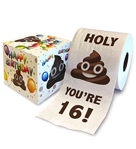 Printed TP Holy Poop You're 16 Printed Toilet Paper Gag Gift – Funny Toilet Paper For Prank, Surprise, Bathroom Decor, Novelty Gift For Men, Women, Friends, Family, 16th Birthday Party - 500 Sheets