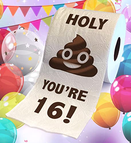 Printed TP Holy Poop You're 16 Printed Toilet Paper Gag Gift – Funny Toilet Paper For Prank, Surprise, Bathroom Decor, Novelty Gift For Men, Women, Friends, Family, 16th Birthday Party - 500 Sheets