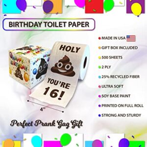 Printed TP Holy Poop You're 16 Printed Toilet Paper Gag Gift – Funny Toilet Paper For Prank, Surprise, Bathroom Decor, Novelty Gift For Men, Women, Friends, Family, 16th Birthday Party - 500 Sheets