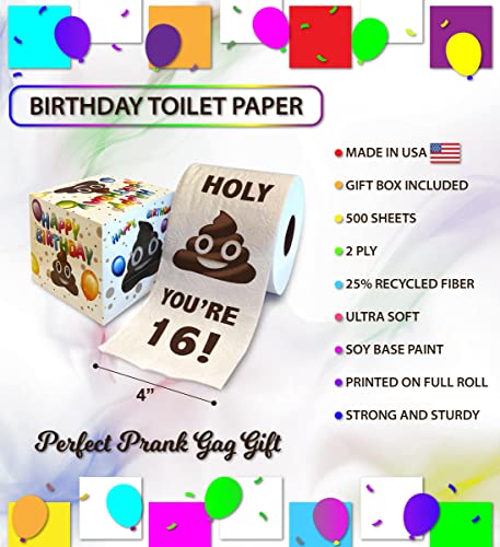 Printed TP Holy Poop You're 16 Printed Toilet Paper Gag Gift – Funny Toilet Paper For Prank, Surprise, Bathroom Decor, Novelty Gift For Men, Women, Friends, Family, 16th Birthday Party - 500 Sheets