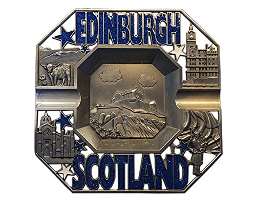 Edinburgh Scotland Metal Ashtray - Castle / Scottish Piper / Highland Cattle / Words in Blue Letters / Souvenir