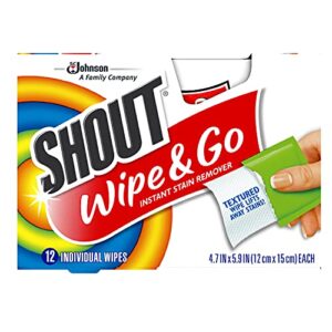 shout wipe and go instant stain remover, for on-the-go laundry stains, 12 count – pack of 12 (144 total wipes)