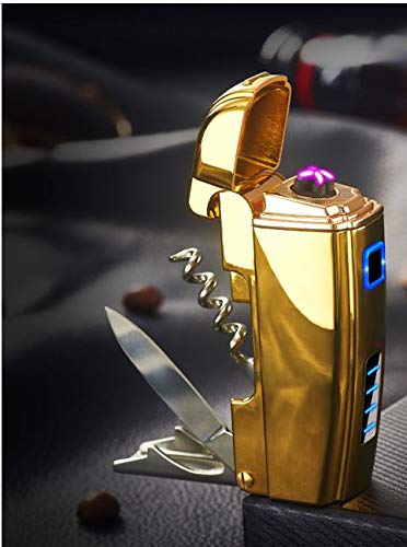 Chawgs 4 in 1 Multifunction Electric Plasma Lighter with Bottle Opener, Dual Arc, Flameless, Windproof, USB Rechargeable, Metal Cigarette Lighters (Gold)