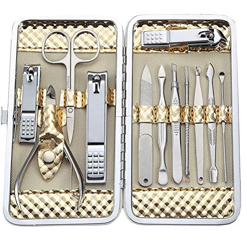 Professional Nail Clipper Set, Manicure Tools, Pedicure Kit, 12 In 1 Stainless Steel Professional Grooming Kit with Luxurious Travel Case(Gold)