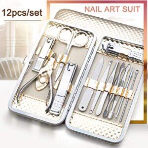 Professional Nail Clipper Set, Manicure Tools, Pedicure Kit, 12 In 1 Stainless Steel Professional Grooming Kit with Luxurious Travel Case(Gold)