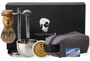 shaving kit for men wet shave – safety razor with 10 blades, shaving badger hair brush, sandalwood shaving soap cream, shaving stand, stainless steel bowl mug, canvas dopp kit – gift set