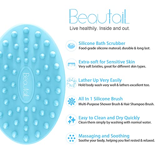 BEAUTAIL Silicone Body Scrubber, 2 in 1 Shower Bath Wash and Hair Shampoo Brush, Gentle Exfoliating Scrub Cleansing Loofah for Women Men Baby Sensitive Skin, Easy to Clean, Lather Nicely, 1 Pack, Blue