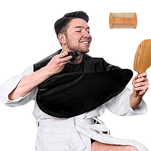 Beard Bib Beard Apron Hair Catcher for Men Shaving & Trimming Clothes, Non-Stick Beard Cape Grooming Cloth, Waterproof, Gifts for Dad Husband Includes Wooden Pocket Beard Comb,1 size Fits All (Black)