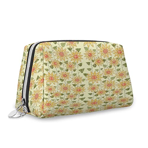 jarenap Floral,Large Capacity Travel Leather Cosmetic Bag,Floral in Patchwork Style Rustic,Multifunctional Storage Makeup Bag for Women,Yellow Green,M